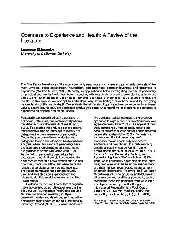 (PDF) Openness to Experience and Health: A Review of the Literature