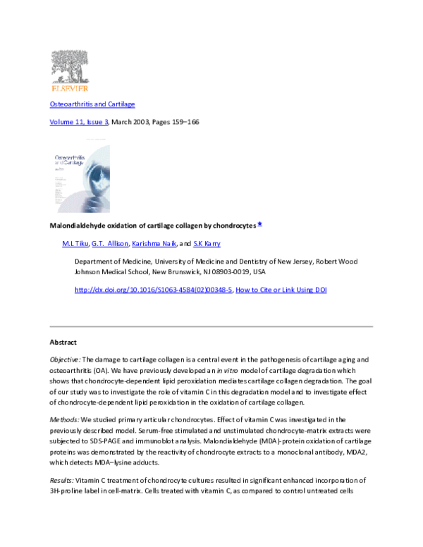 (PDF) Malondialdehyde oxidation of cartilage collagen by chondrocytes