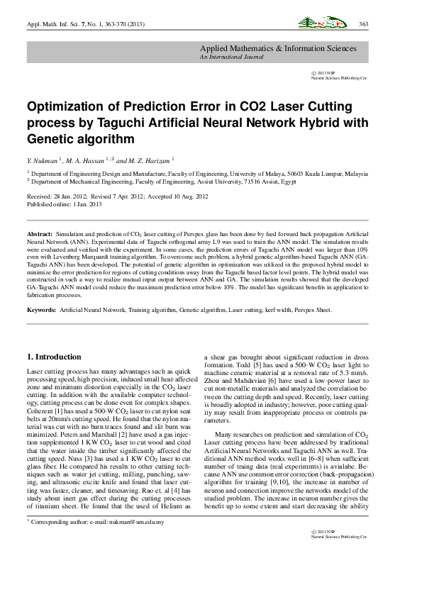 Pdf Optimization Of Prediction Error In Co2 Laser Cutting Process By Taguchi Artificial Neural