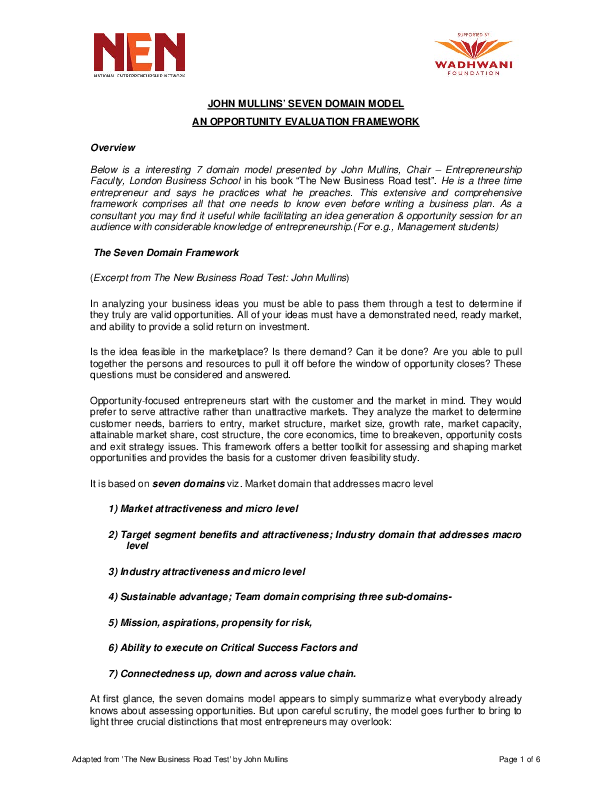 (PDF) JOHN MULLINS' SEVEN DOMAIN MODEL AN OPPORTUNITY EVALUATION FRAMEWORK