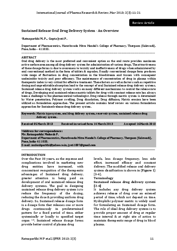 (PDF) Sustained Release Oral Drug Delivery System -An Overview