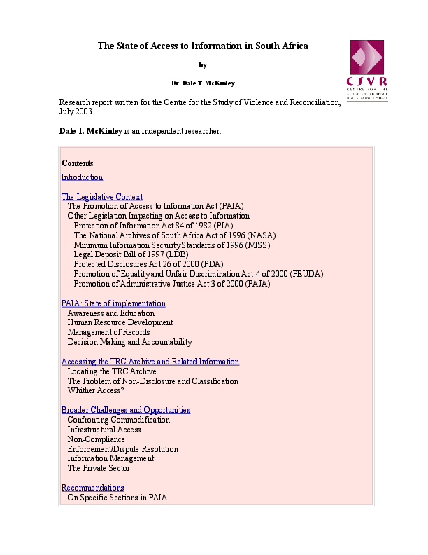 (PDF) The State of Access to Information in South Africa