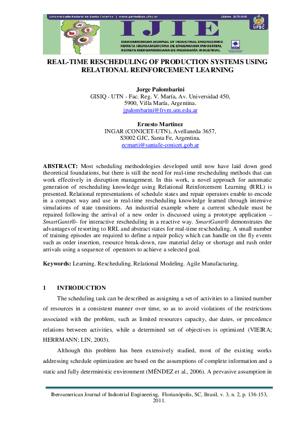 (PDF) REAL-TIME RESCHEDULING OF PRODUCTION SYSTEMS USING RELATIONAL REINFORCEMENT LEARNING