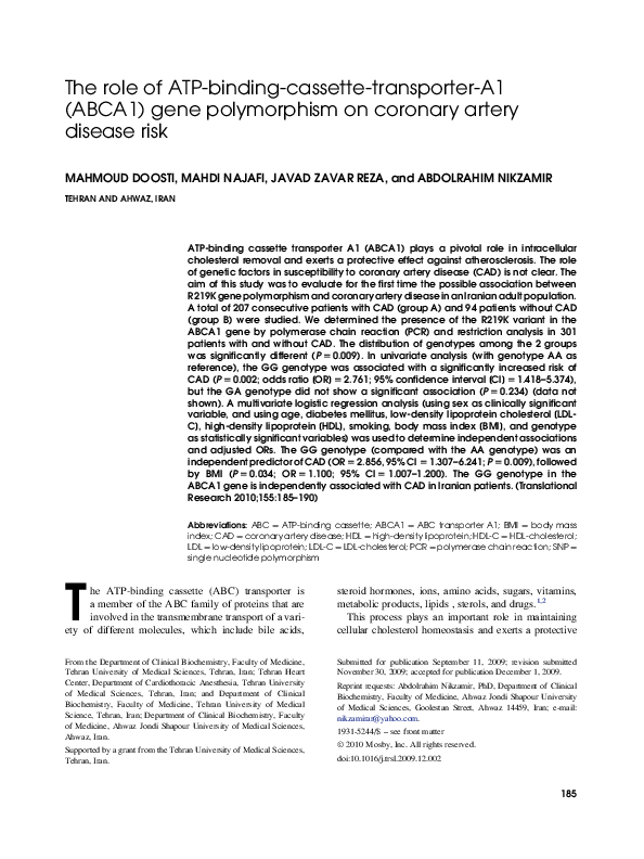 Pdf The Role Of Atp Binding Cassette Transporter A1 Abca1 Gene