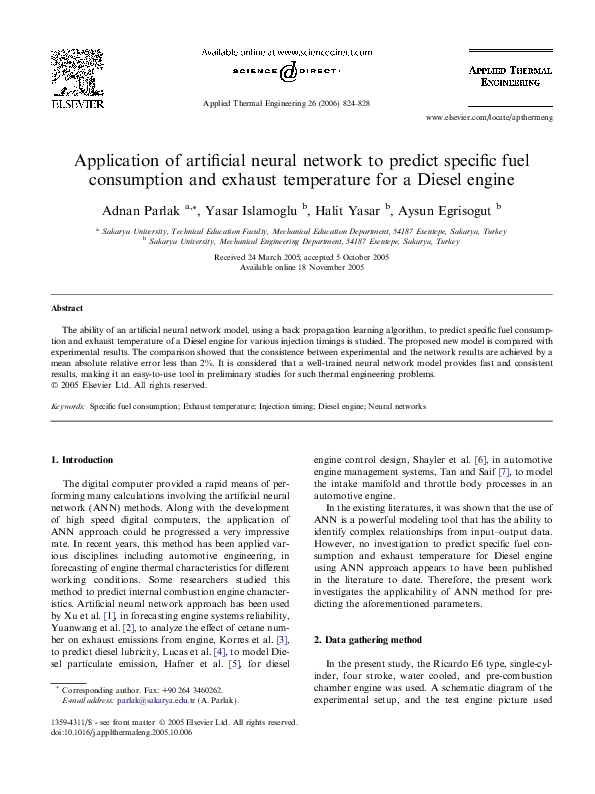 (PDF) Application of artificial neural network to predict specific fuel consumption and exhaust ...