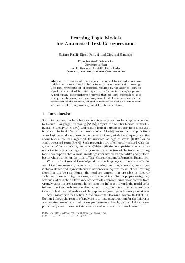 (PDF) Learning logic models for automated text categorization