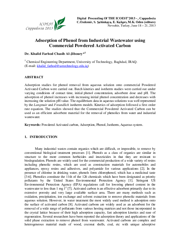 (PDF) Adsorption of Phenol from Industrial Wastewater using Commercial Powdered Activated Carbon