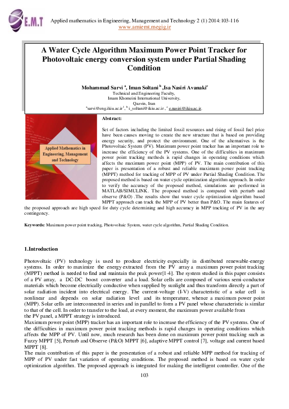 (PDF) A Water Cycle Algorithm Maximum Power Point Tracker for Photovoltaic energy conversion ...