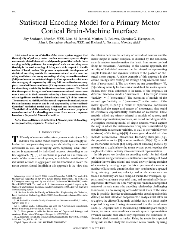 (PDF) Statistical Encoding Model for a Primary Motor Cortical Brain-Machine Interface
