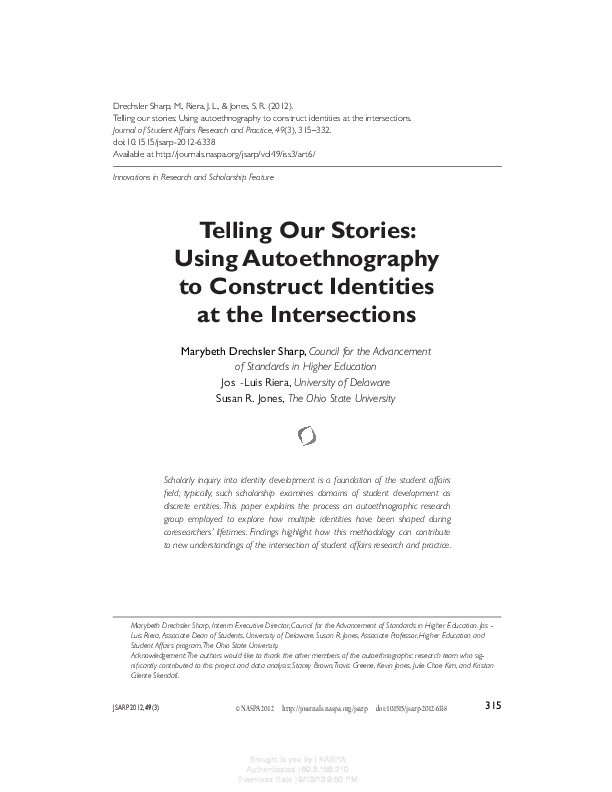 (PDF) Telling Our Stories: Using Autoethnography to Construct ...