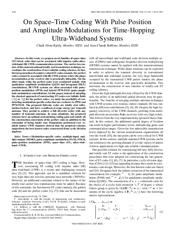 (PDF) On Space–Time Coding With Pulse Position and Amplitude Modulations for Time-Hopping Ultra ...
