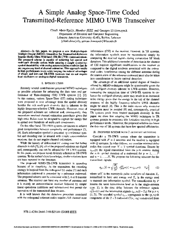Pdf A Simple Analog Space Time Coded Transmitted Reference Mimo Uwb Transceiver