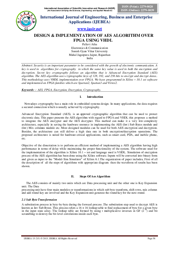 (PDF) Design & Implementation of Aes Algorithm Over Fpga Using VHDL ...