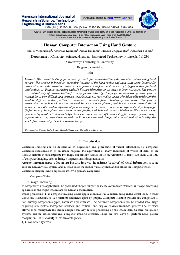 Pdf Human Computer Interaction Using Hand Gesture