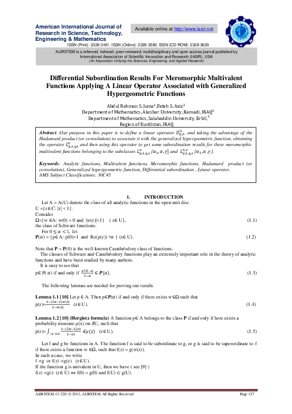 Pdf Differential Subordination Results For Meromorphic Multivalent Functions Applying A Linear