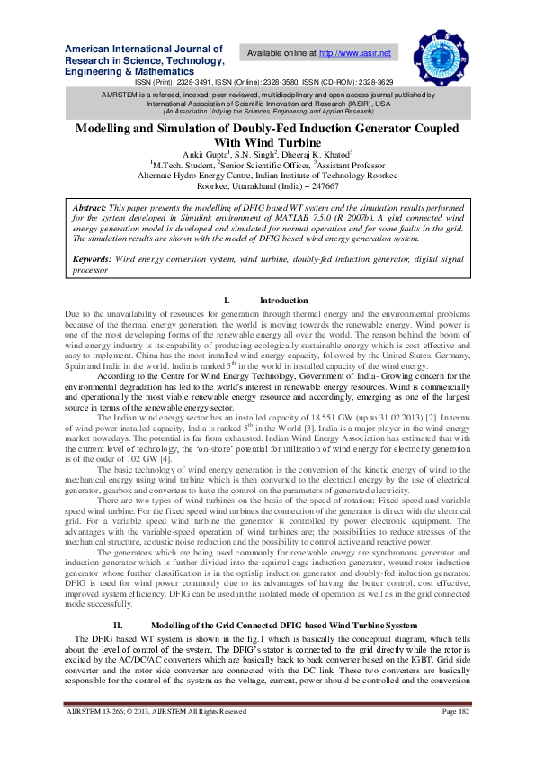 Pdf Modelling And Simulation Of Doubly Fed Induction Generator