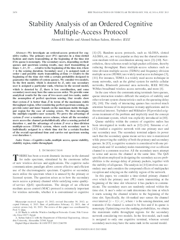 (PDF) Stability analysis of an ordered cognitive multiple access protocol
