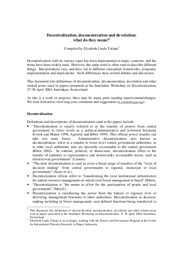 (PDF) Decentralization, deconcentration and devolution: what do they mean?