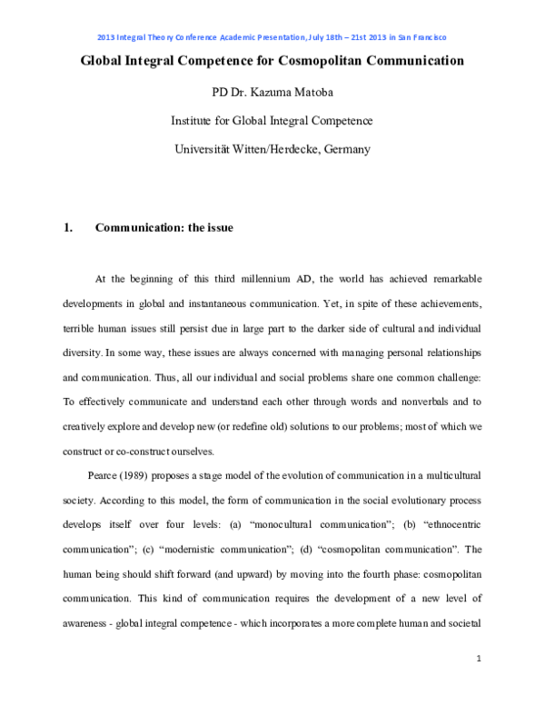 (PDF) Global Integral Competence for Cosmopolitan Communication