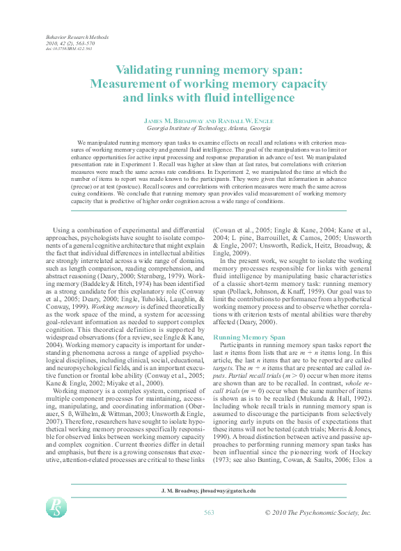 Pdf Validating Running Memory Span Measurement Of Working Memory