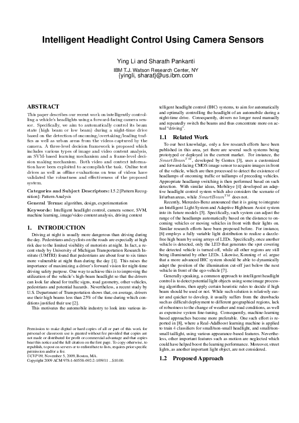 (PDF) Intelligent Headlight Control Using Camera Sensors