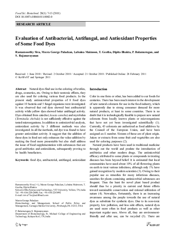 (PDF) Evaluation of antibacterial, antifungal, and antioxidant properties of some food dyes