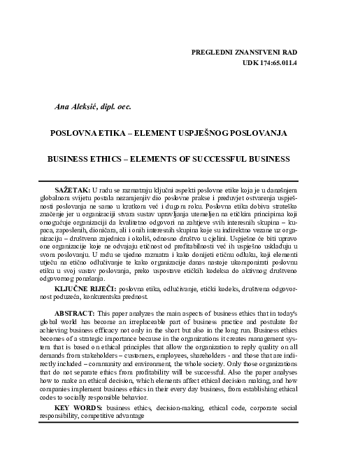 (PDF) Poslovna etika - element uspješnog poslovanja