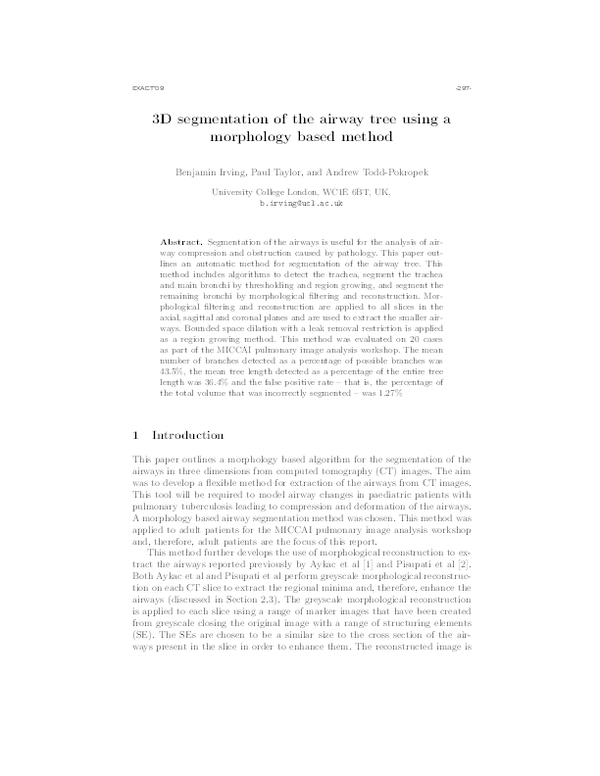 Pdf 3d Segmentation Of The Airway Tree Using A Morphology Based Method