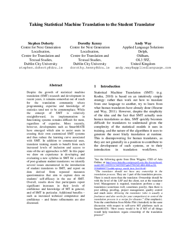 (PDF) Taking Statistical Machine Translation to the Student Translator