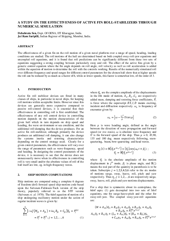(PDF) A STUDY ON THE EFFECTIVENESS OF ACTIVE FIN ROLL-STABILIZERS ...