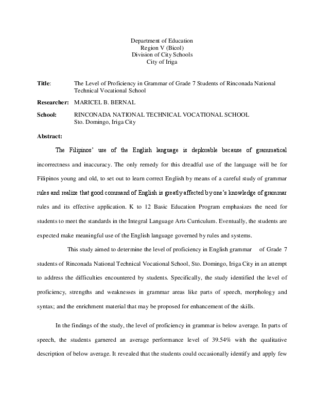 (DOC) Full Version-The Level of Proficiency of Grade 7 Students of ...