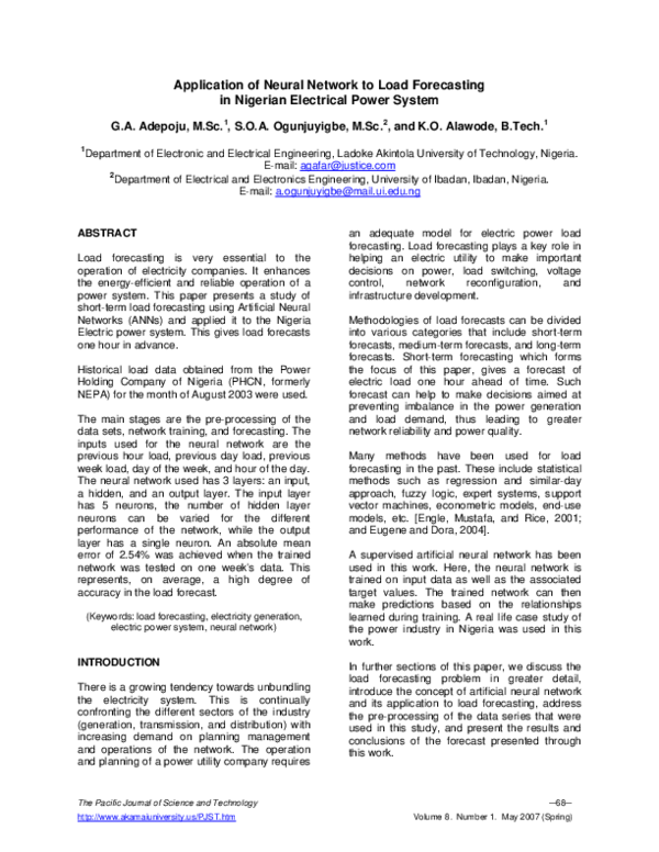 Pdf Application Of Neural Network To Load Forecasting In Nigerian
