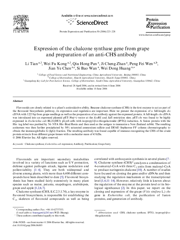 (PDF) Expression of the chalcone synthase gene from grape and preparation of an anti-CHS antibody