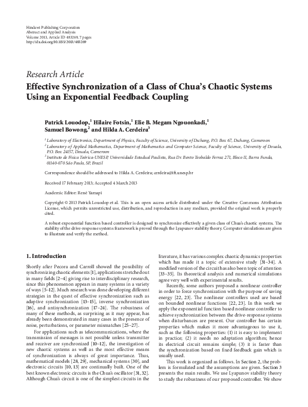 Pdf Effective Synchronization Of A Class Of Chuas Chaotic Systems Using An Exponential
