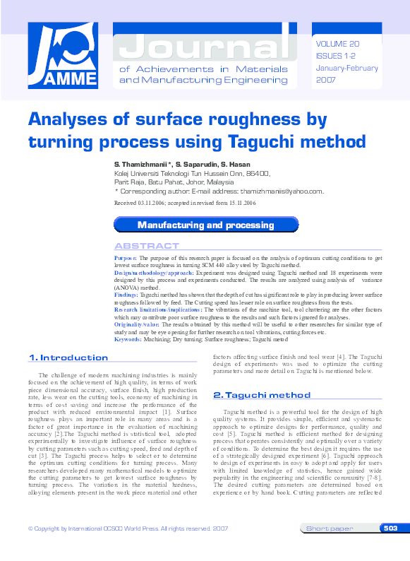 (PDF) of Achievements in Materials and Manufacturing Engineering of Achievements in Materials ...