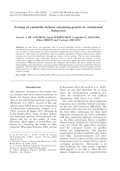 (PDF) Ecology of endolithic lichens colonizing granite in continental ...