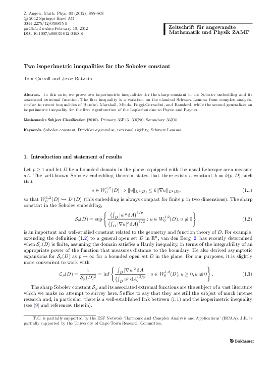 Two isoperimetric inequalities for the Sobolev constant Two isoperimetric inequalities for the Sobolev constant