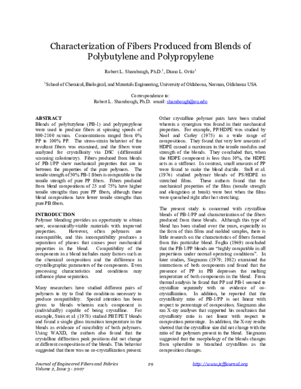 (PDF) Characterization of Fibers Produced from Blends of Polybutylene and Polypropylene