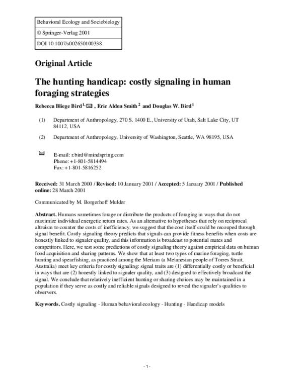 (PDF) The hunting handicap: costly signaling in human foraging strategies