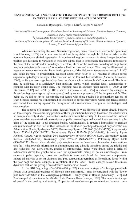 (PDF) ENVIRONMENTAL AND CLIMATIC CHANGES ON SOUTHERN BORDER OF TAIGA IN WEST SIBERIA AT THE ...