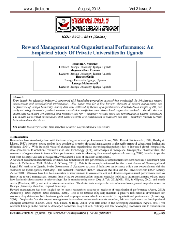 Pdf Reward Management And Organisational Performance