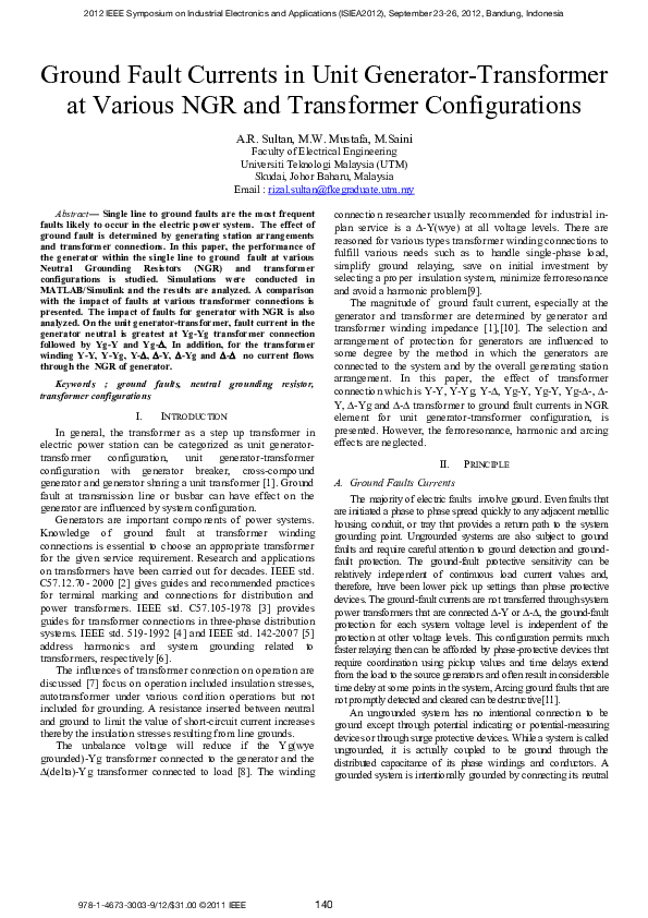 Pdf Ground Fault Currents In Unit Generator Transformer At Various Ngr And Transformer