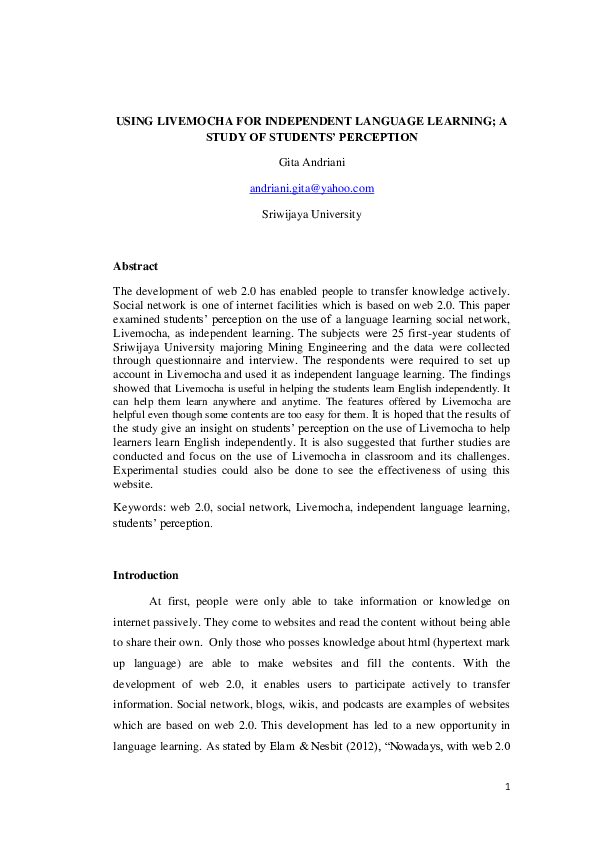 USING LIVEMOCHA FOR INDEPENDENT LANGUAGE LEARNING; A STUDY OF STUDENTS ...