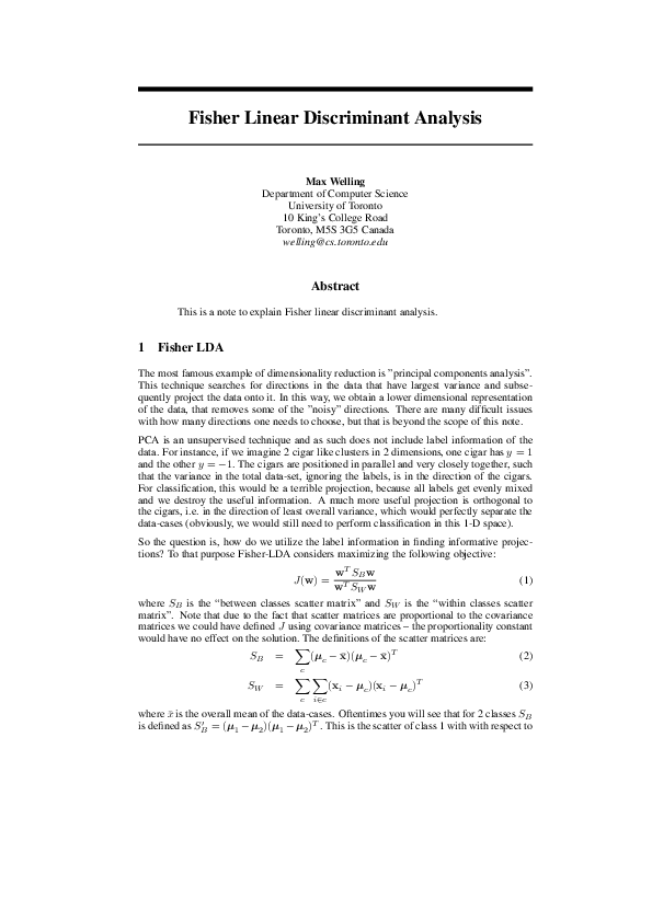 (PDF) Fisher Linear Discriminant Analysis