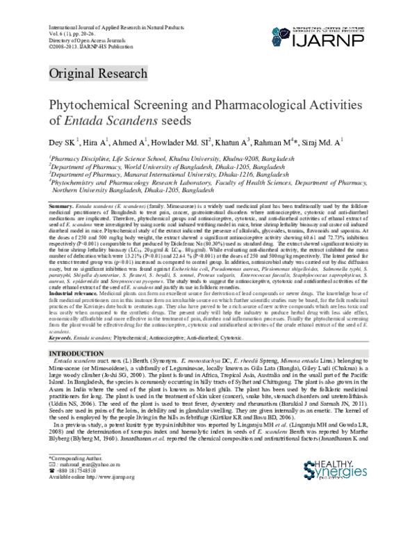 (PDF) Phytochemical Screening and Pharmacological Activities of Entada ...