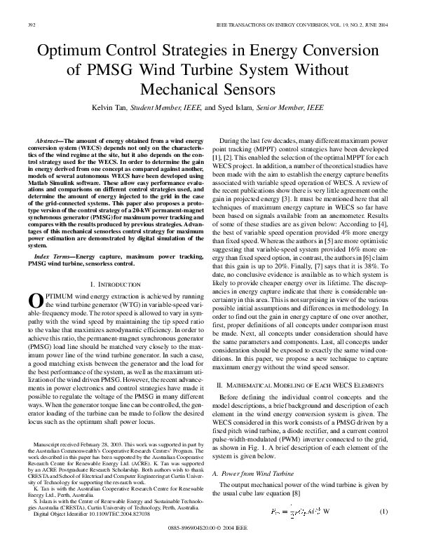 Pdf Optimum Control Strategies In Energy Conversion Of Pmsg Wind Turbine System Without