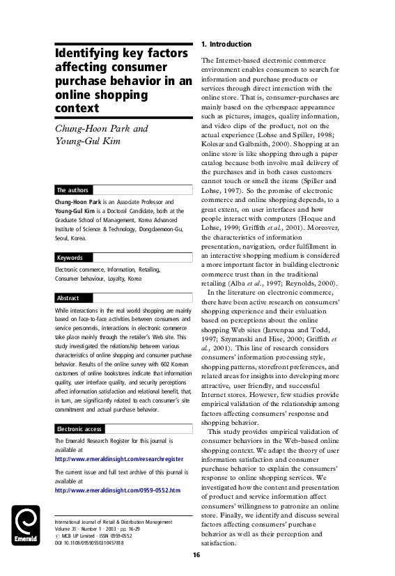 (PDF) Identifying key factors affecting consumer purchase behavior in an online shopping context