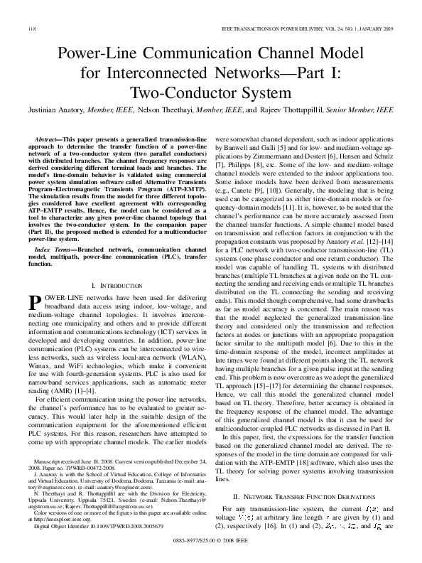 (PDF) Power-Line Communication Channel Model for Interconnected Networks—Part I: Two-Conductor ...