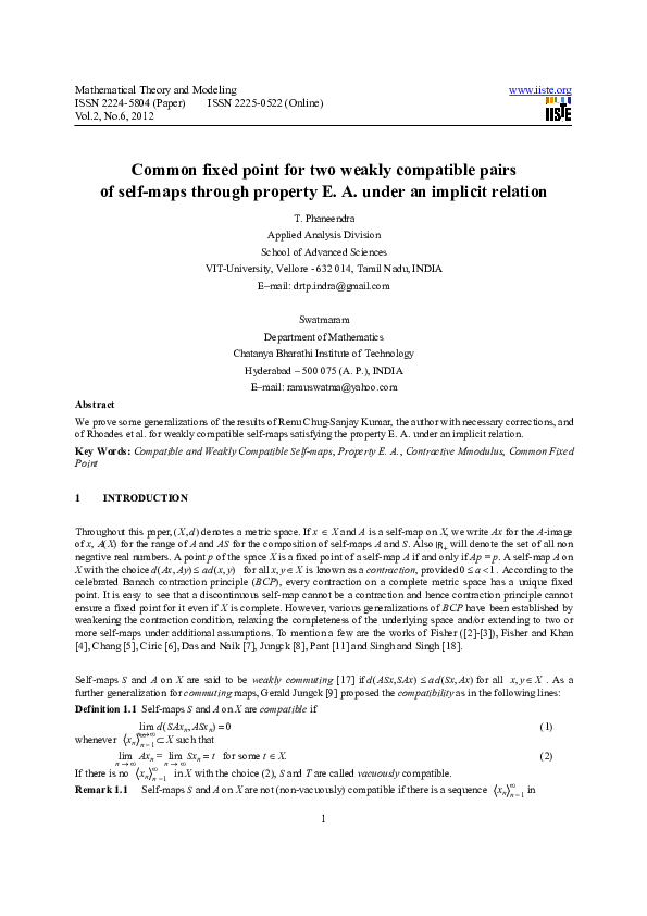 (PDF) Mathematical Theory and Modeling Common fixed point for two weakly compatible pairs of ...