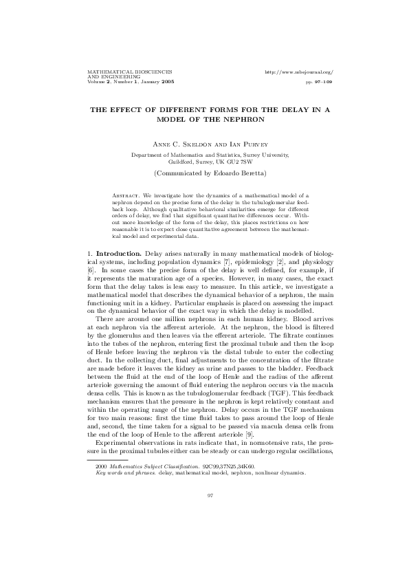 (PDF) THE EFFECT OF DIFFERENT FORMS FOR THE DELAY IN A MODEL OF THE NEPHRON